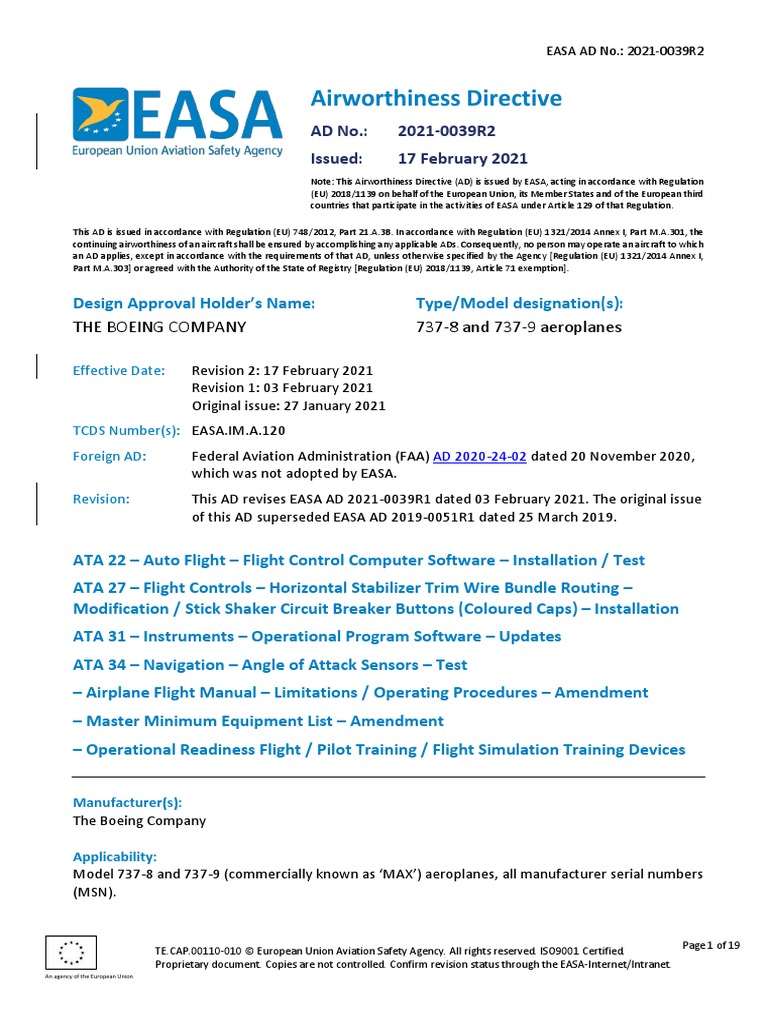 Airworthiness Directive: The Boeing Company 737-8 and 737-9 Aeroplanes ...