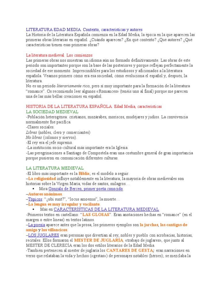 LITERATURA EDAD MEDIA. Contexto, Características y Autores | PDF ...