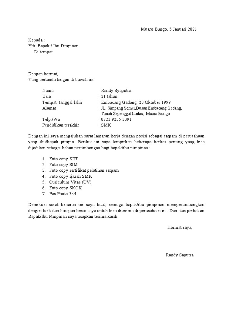 Surat Lamaran Randi Bungo | PDF