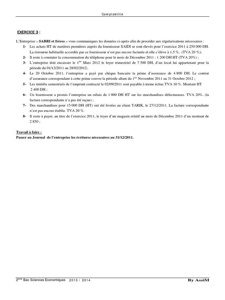 2 Bac Eco Exercice 3 Regularisation Des Charges Et Produits | PDF