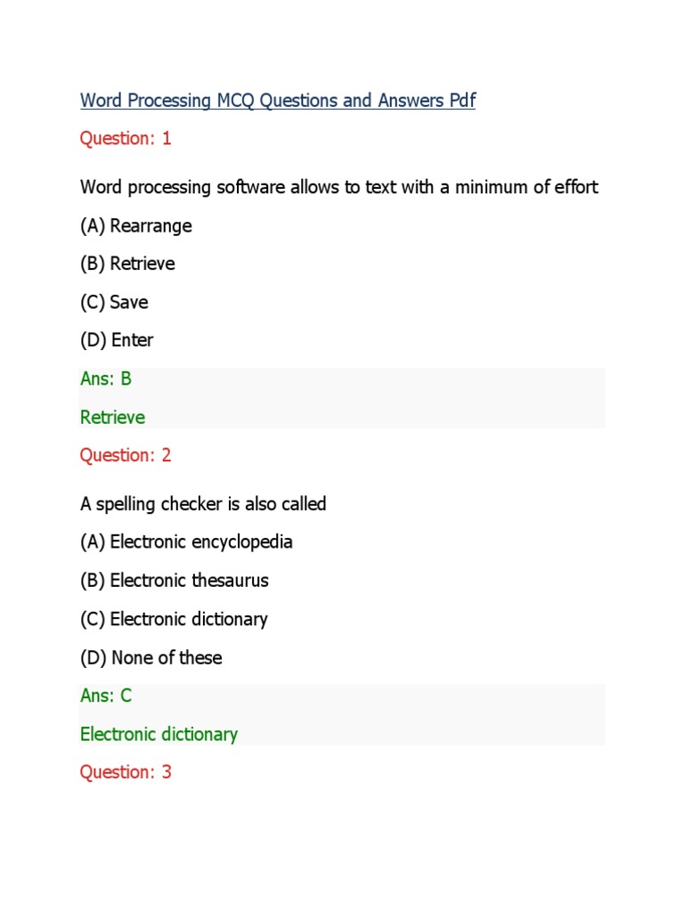 Word Processing MCQ Questions and Answers PDF | PDF