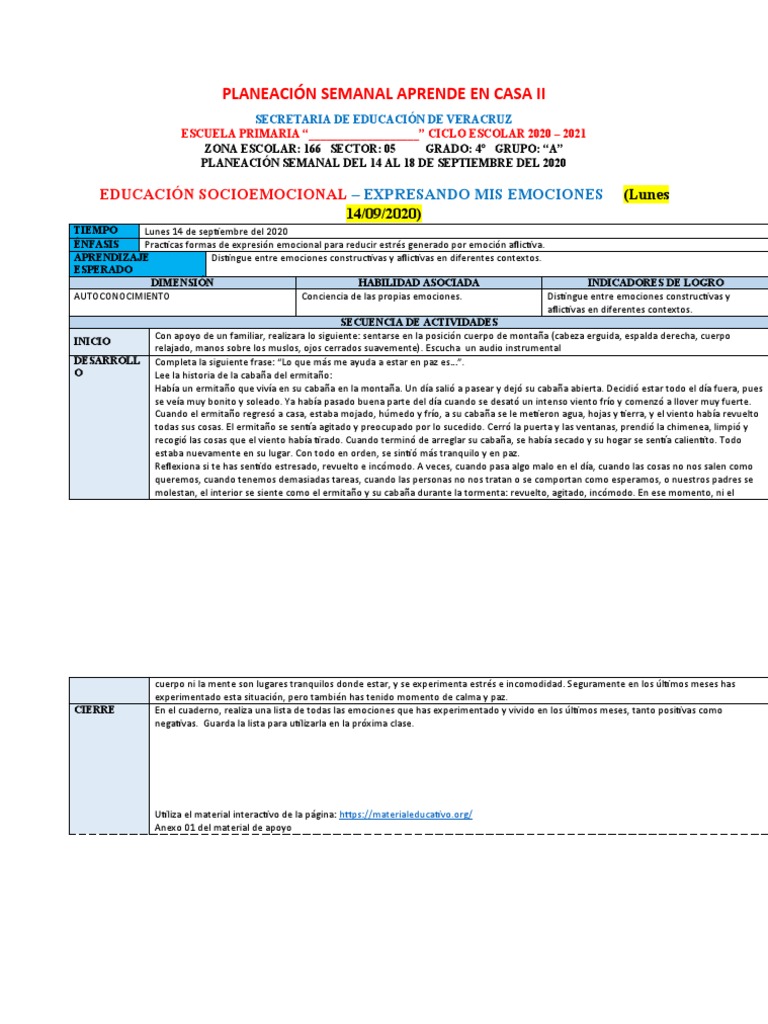 Planeación Semanal Aprende en Casa Ii Uno | PDF | Las emociones | La ...