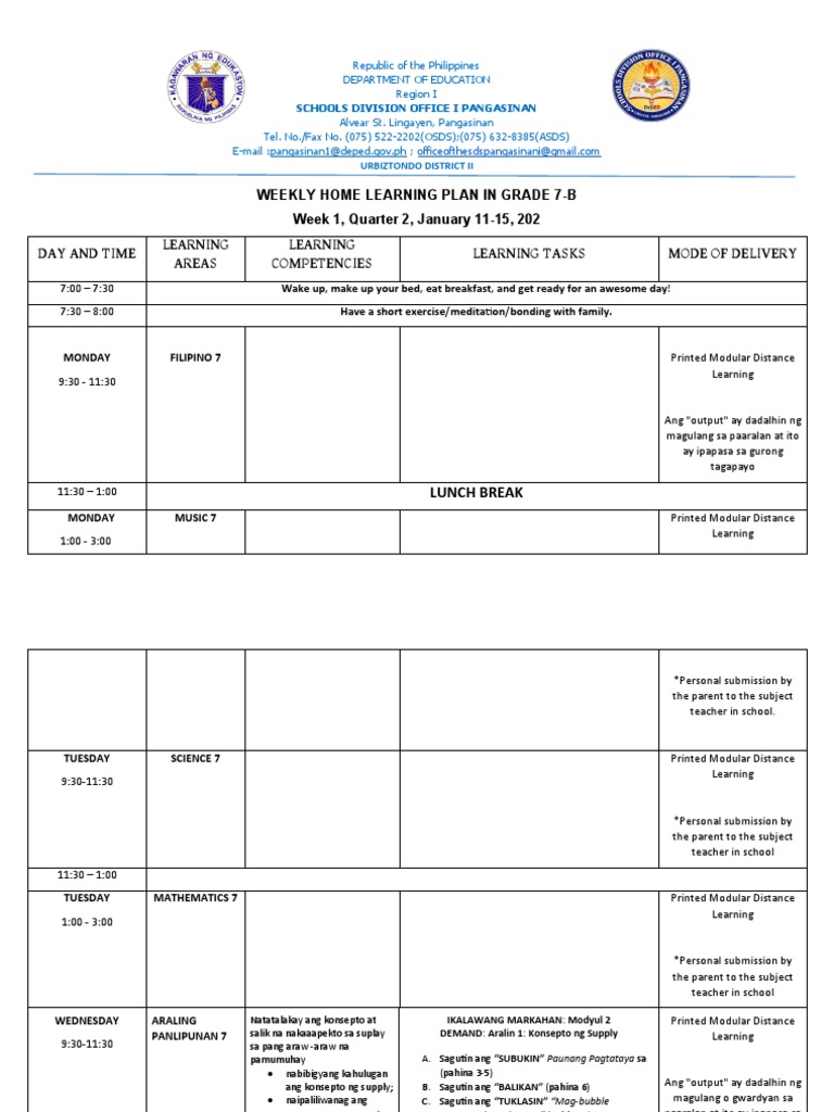 Weekly-Home-Learning-Plan All Subjects GRADE 7-B Week 1 | PDF