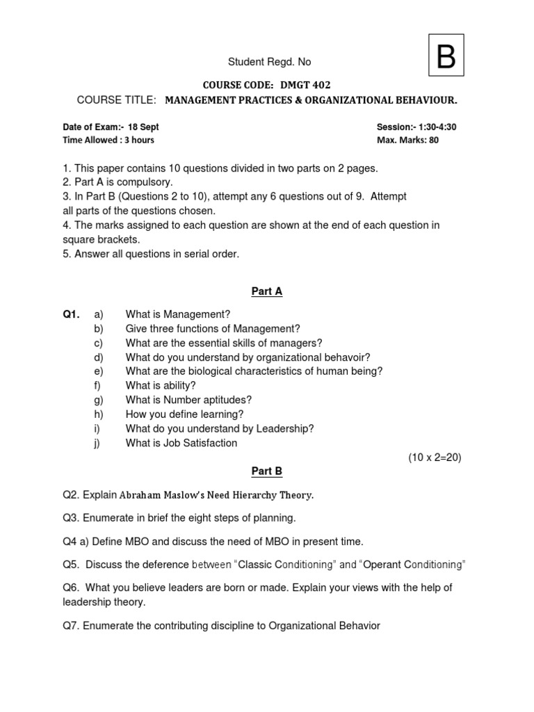 Course Code: DMGT 402 Management Practices & Organizational Behaviour | PDF