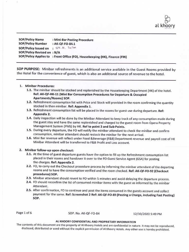 AK-QF-FO-84 (Mini-Bar Posting Procedure) SOP | PDF