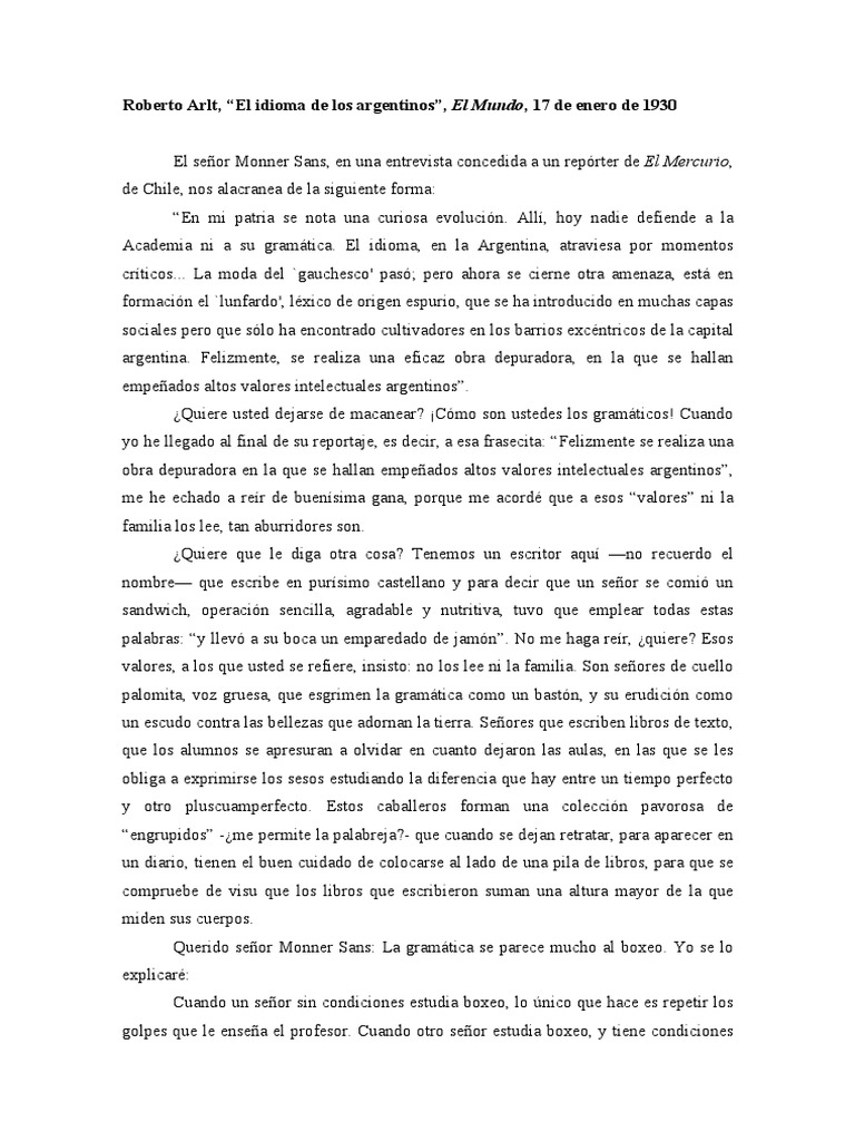 Roberto Arlt - El Idioma de Los Argentinos | PDF | Idiomas