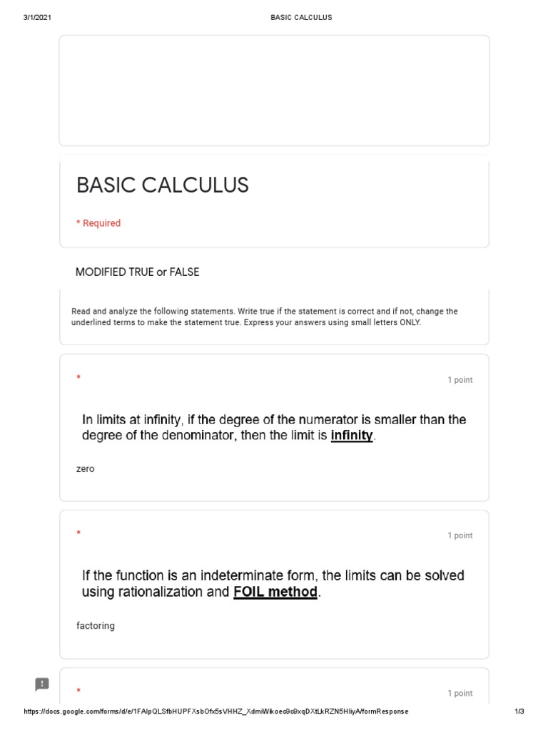 Basic Calculus: Modified True or False | PDF