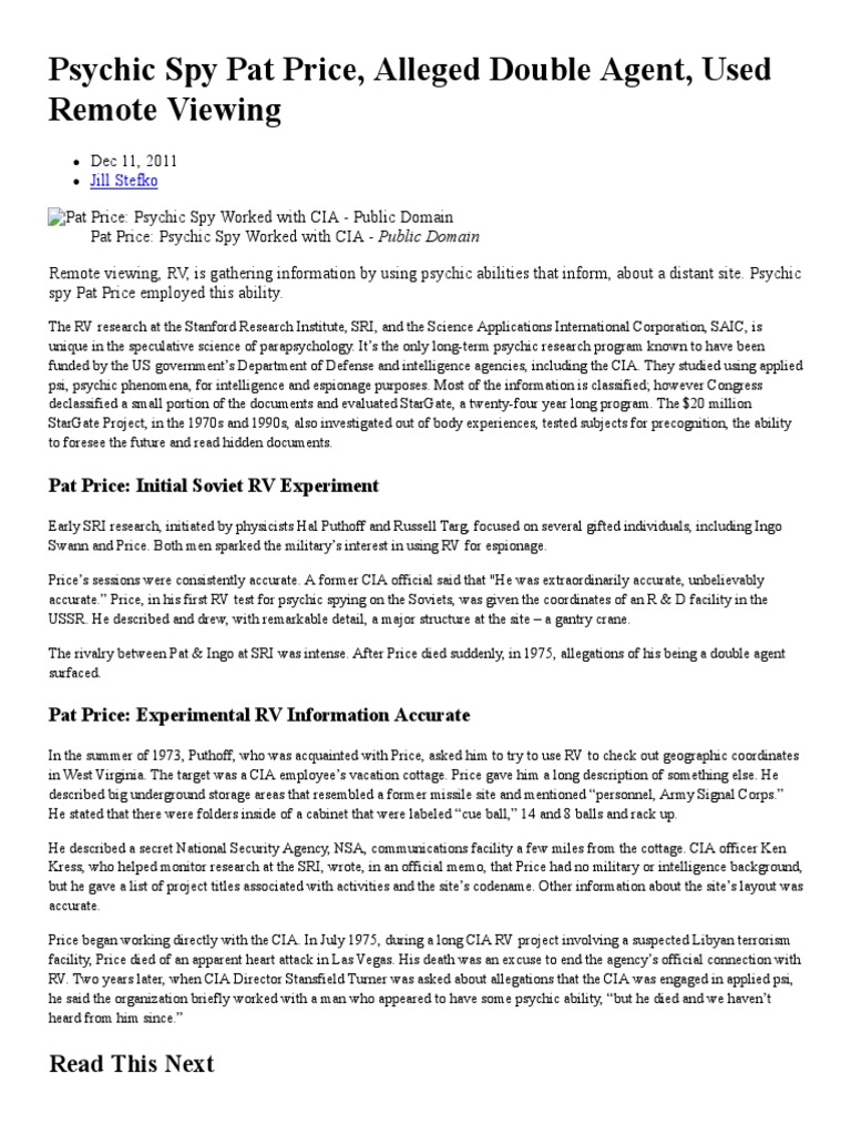 Psychic Spy Pat Price, Alleged Double Agent, Used Remote Viewing | PDF ...