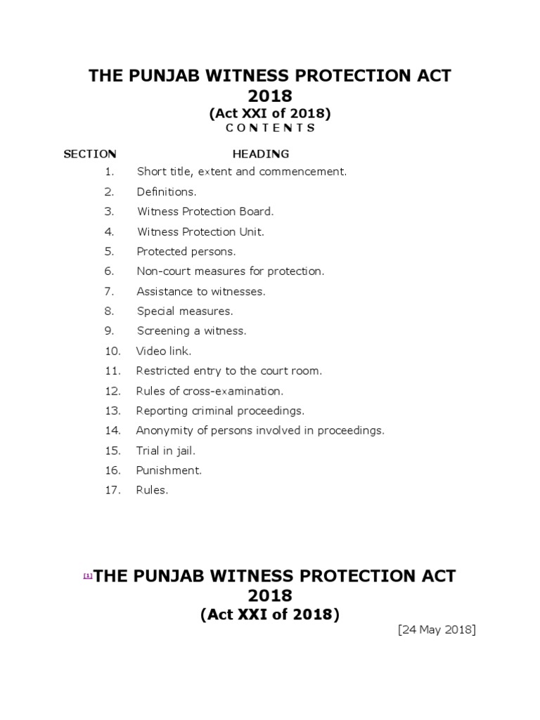 Punjab Witness Protection Act 2018 | PDF | Witness | Criminal Procedure ...