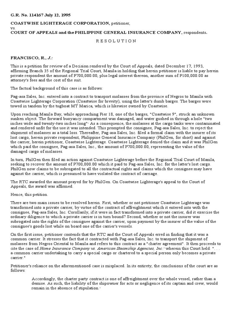 Coastwise Lighterage Corp. Vs CA | PDF | Business Law | Civil Law ...