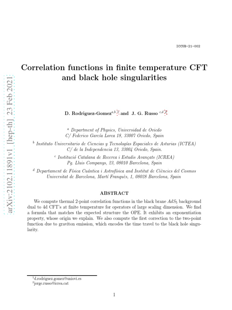 Correlation Functions in Finite Temperature CFT and Black Hole Singularities | Download Free PDF ...