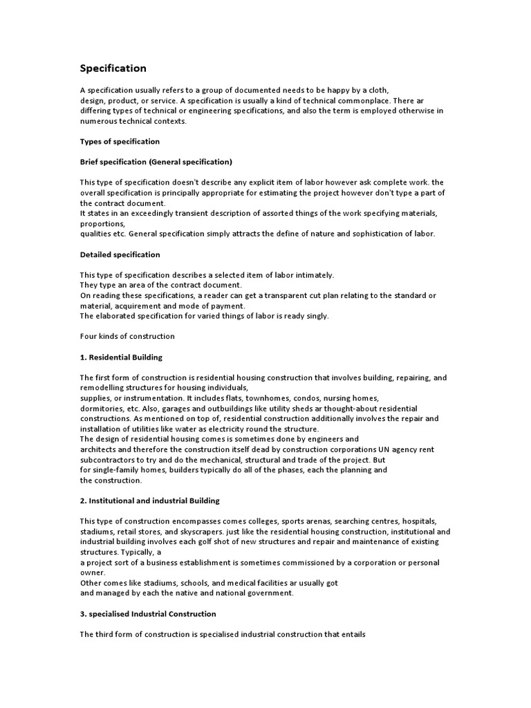 Specification: Types of Specification Brief Specification (General ...