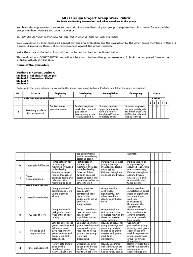 Group project peer evaluation rubric | PDF | Rubric (Academic) | Leadership