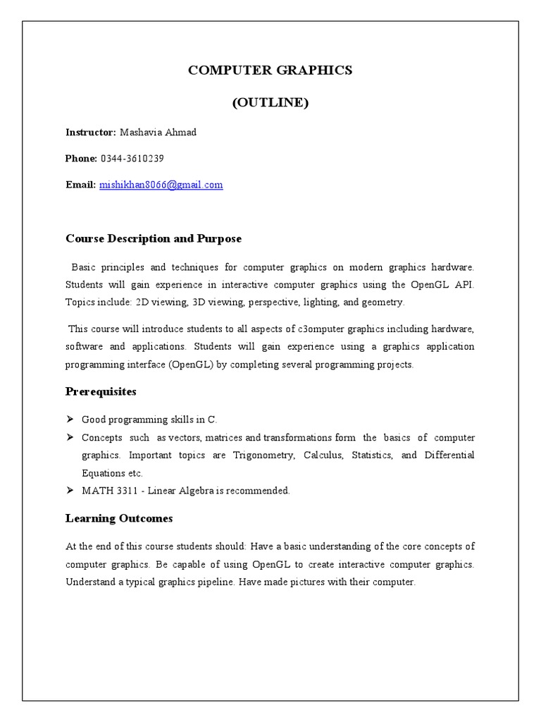 Computer Graphics (Outline) : Course Description and Purpose | PDF ...