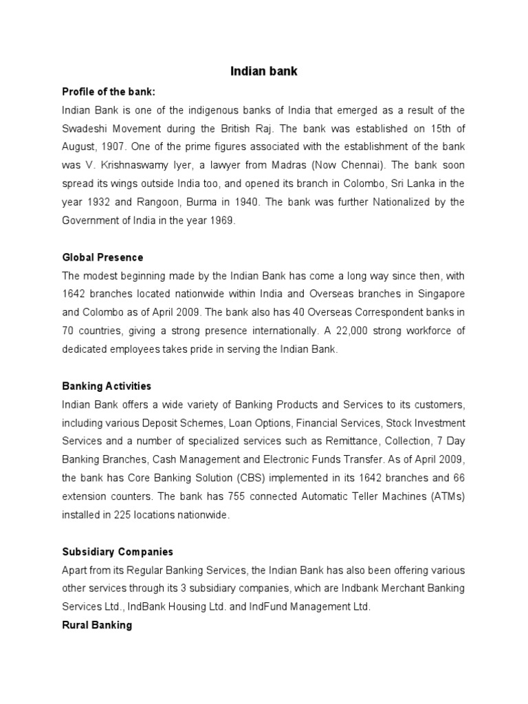 Indian Bank: Profile of The Bank | PDF | Cheque | Clearing (Finance)