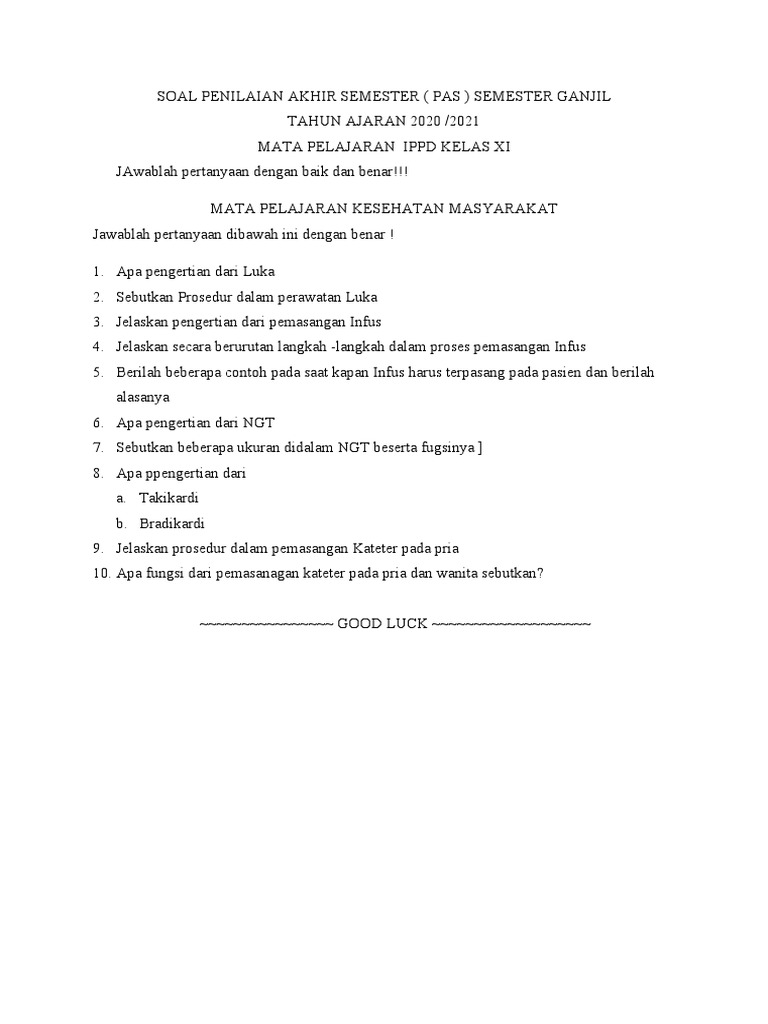 Soal Pas Ippd Kelas Xi Dan Xii 2020 | PDF