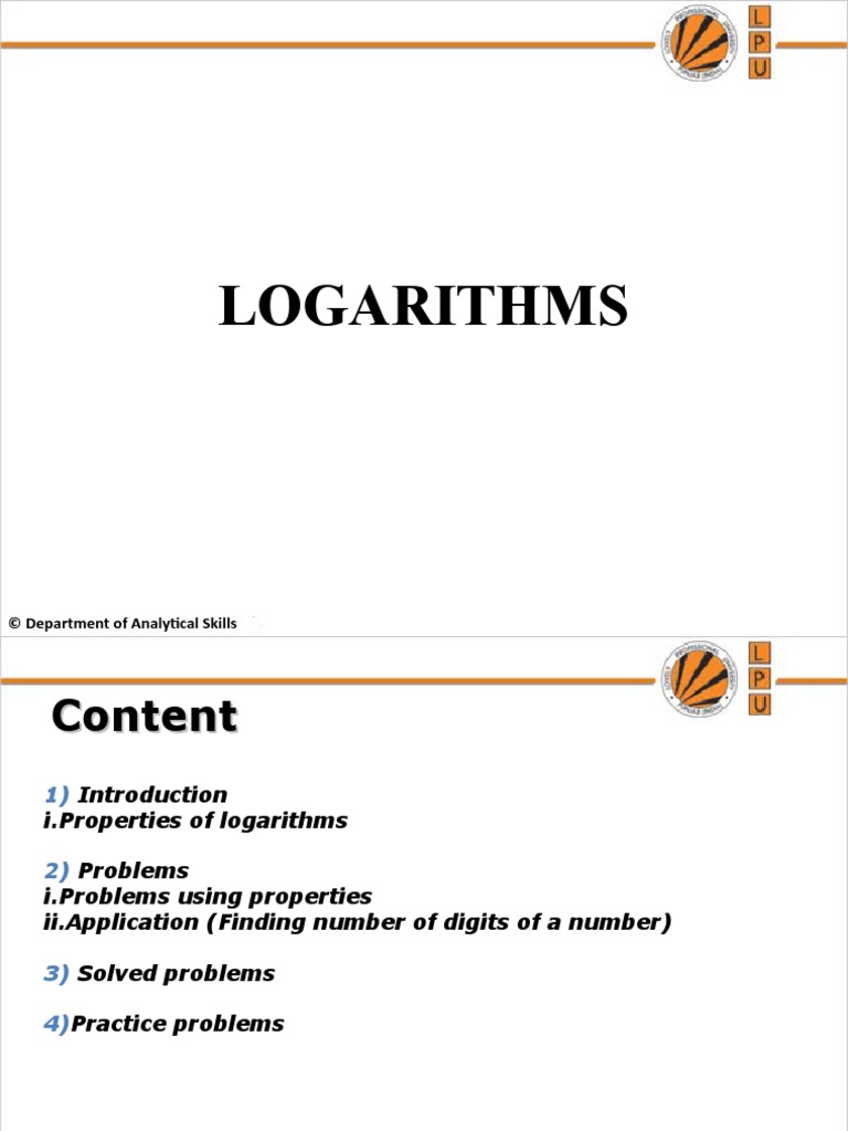 Logarithms: © Department of Analytical Skills | PDF | Logarithm | Numbers