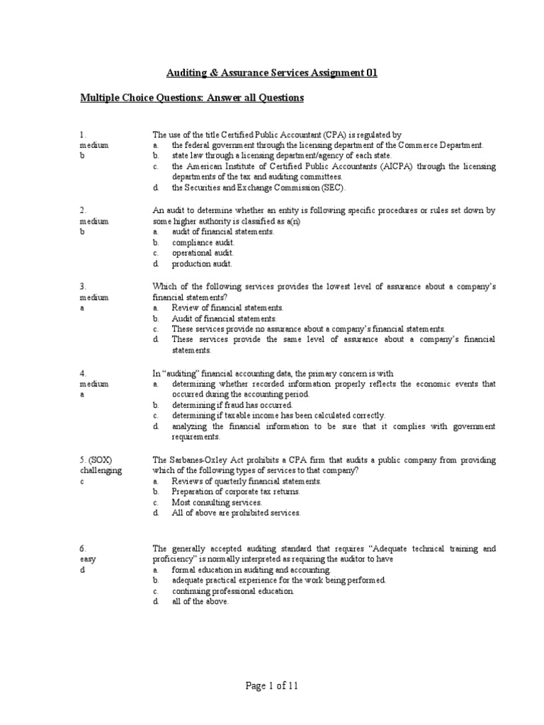 Auditing & Assurance MCQ Assignment | PDF | Financial Audit | Internal Control