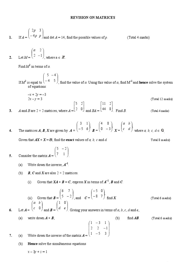 Math IB Revision Matrices | PDF | Matrix (Mathematics) | Determinant
