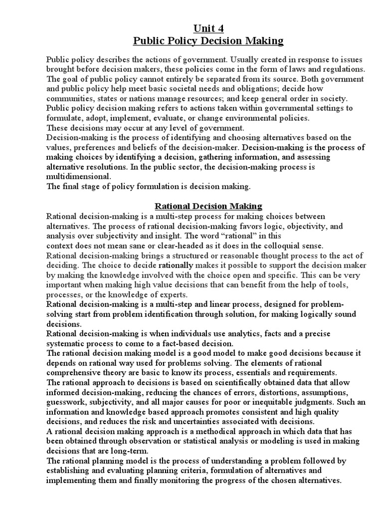 Unit 4 Public Policy Decision Making | PDF | Decision Making | Rationality