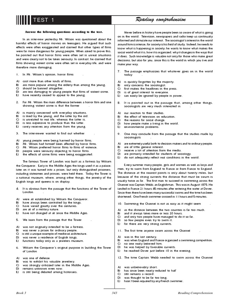 Reading Comprehension Tests and Answer Key | PDF | Dinosaurs | Elephant