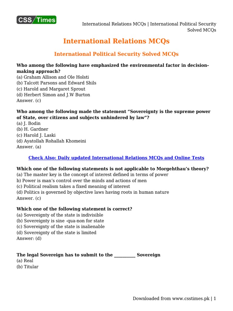 International Relations MCQs - International Political Security Solved ...