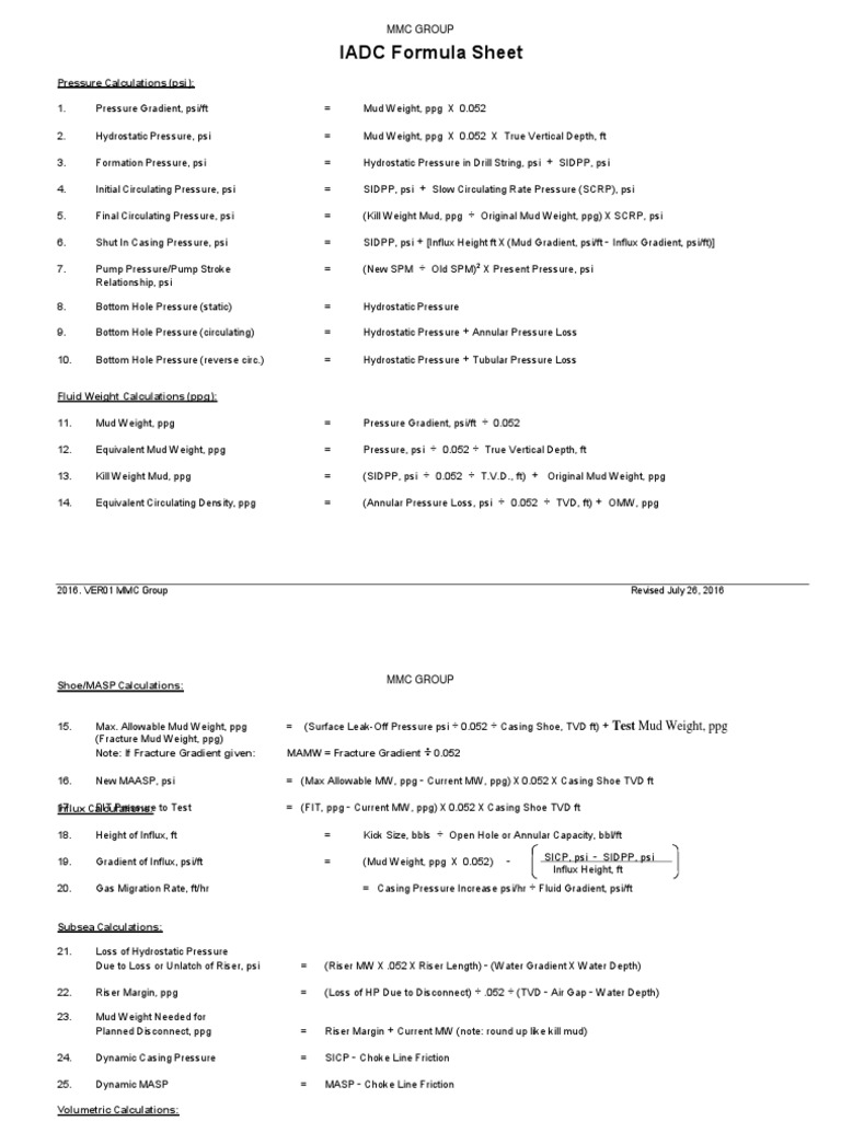 IADC Well Control Formula Sheet | PDF | Chemical Engineering | Liquids