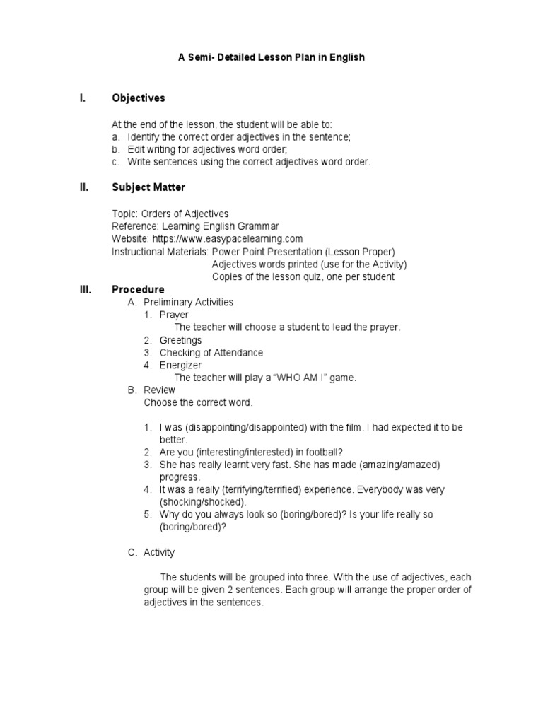 Orders of Adjectives Lesson Plan | PDF | Lesson Plan | Cognitive Science