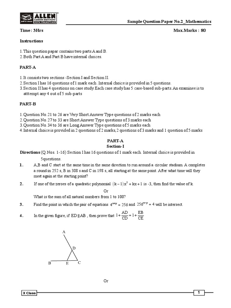 Class 10 Mathematics Sample Paper | PDF | Circle | Area