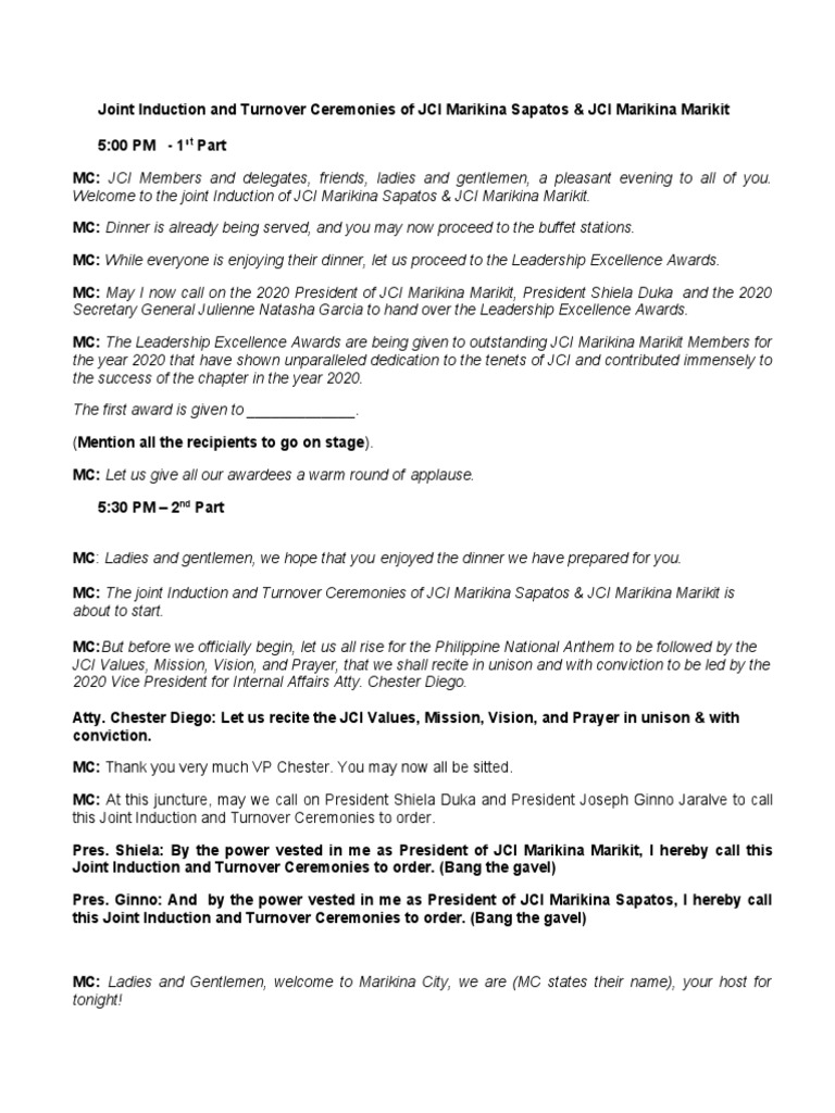 Joint Induction and Turnover Ceremonies Script | PDF