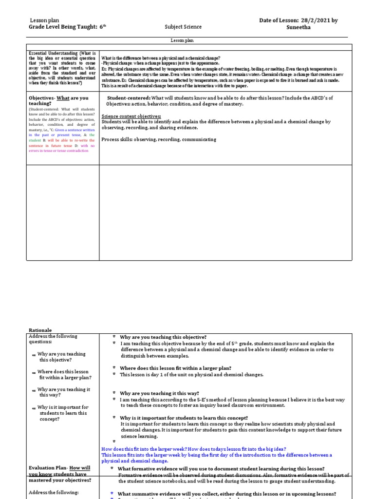 Physical vs Chemical Changes Lesson Plan | PDF | Differentiated ...