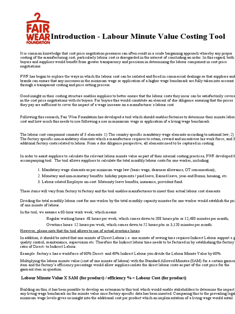 Labour Minute Value Costing Tool | PDF | Labour Economics | Overtime