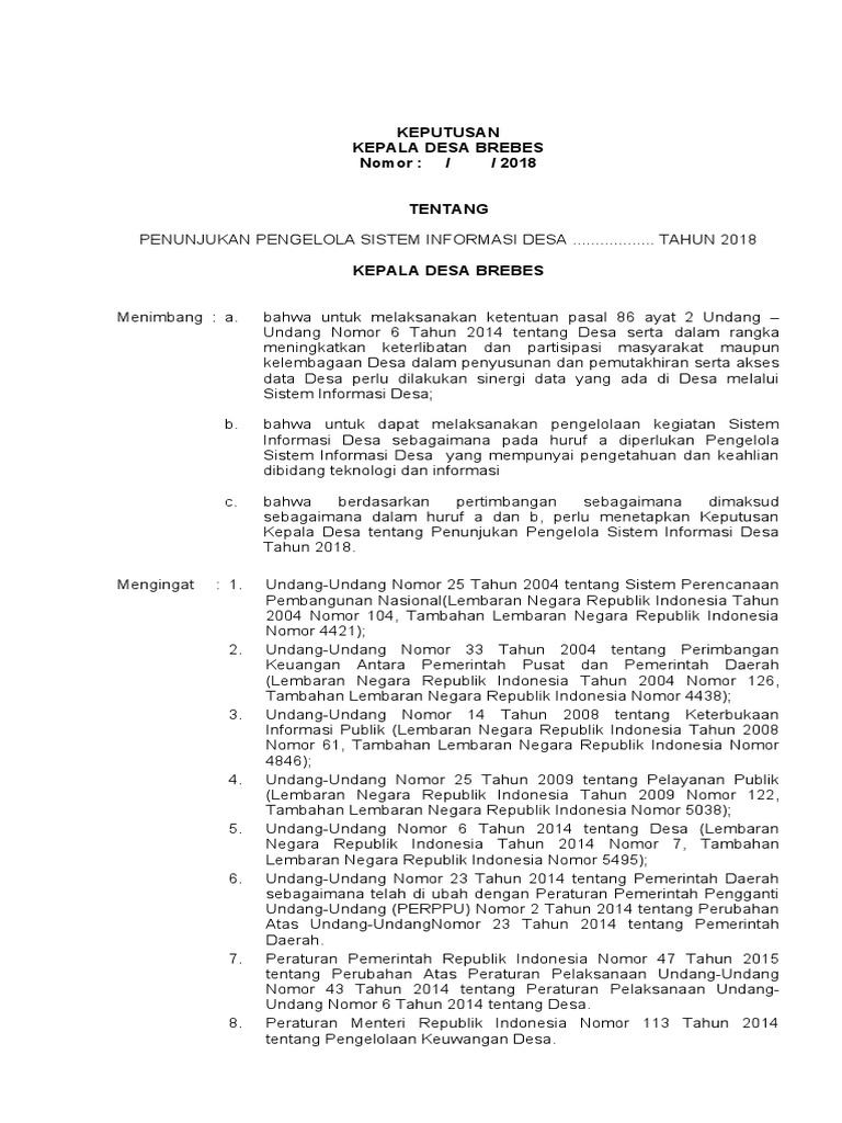 Contoh SK Pengelola Sid Desa 2018 | PDF