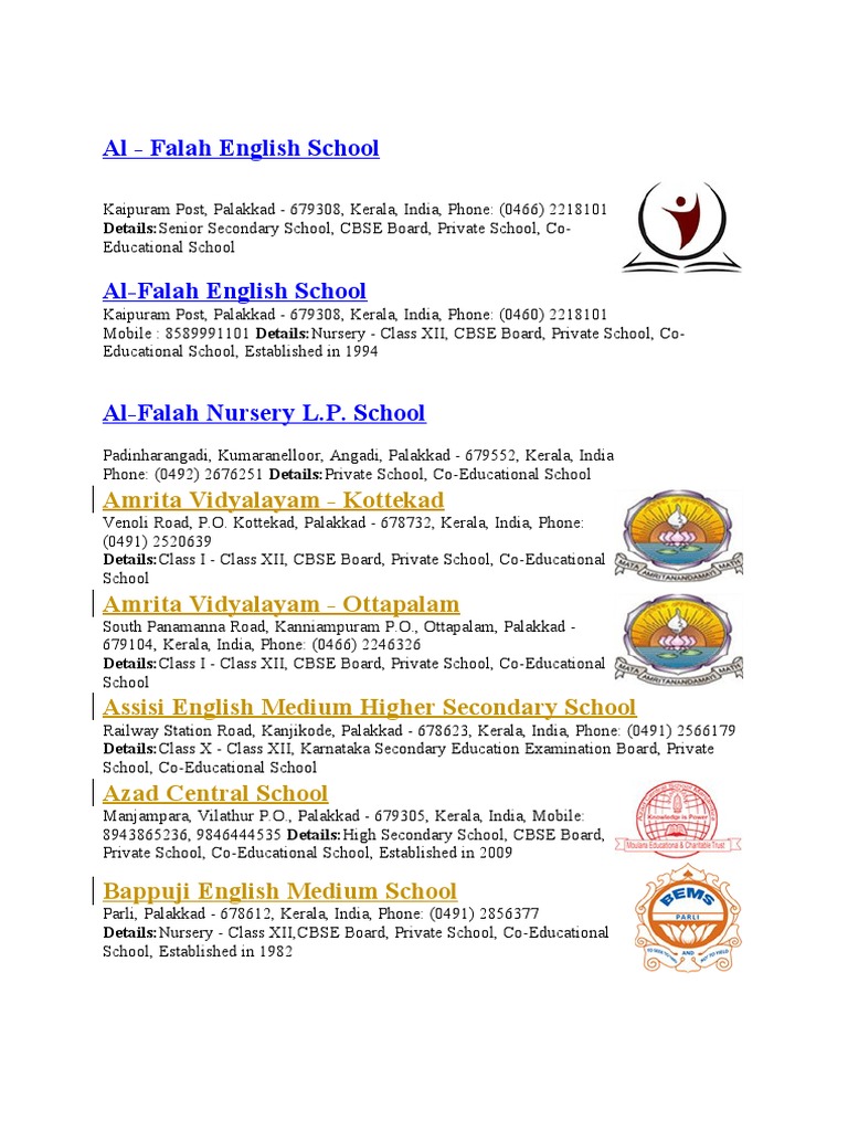 Palakkad Private School List | PDF | Students | School Types