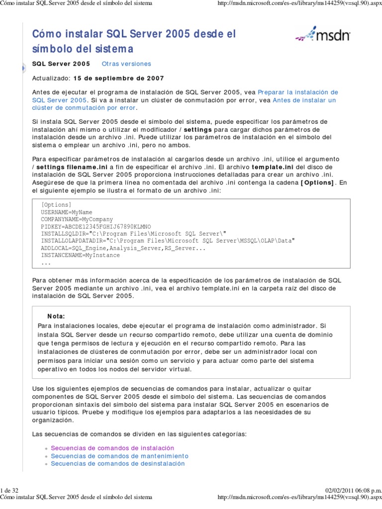 Cómo Instalar SQL Server 2005 Desde El Símbolo Del Sistema | PDF ...