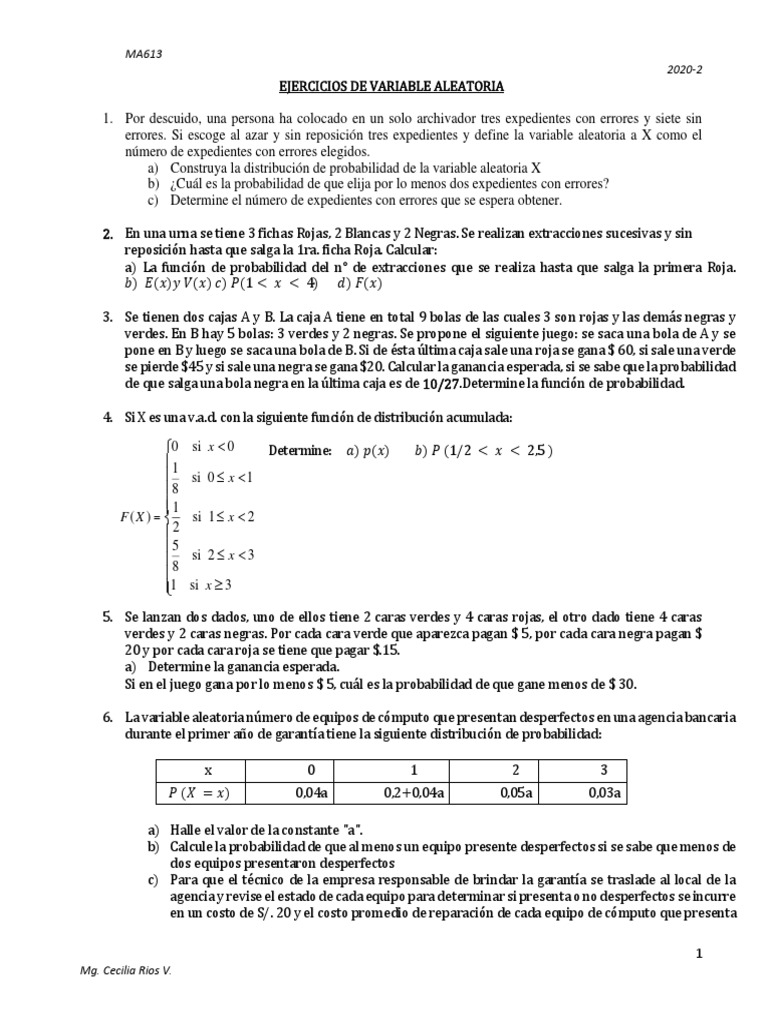 Ejercicios de Variable Aleatoria 2020-2 | PDF | Variable aleatoria | Probabilidad