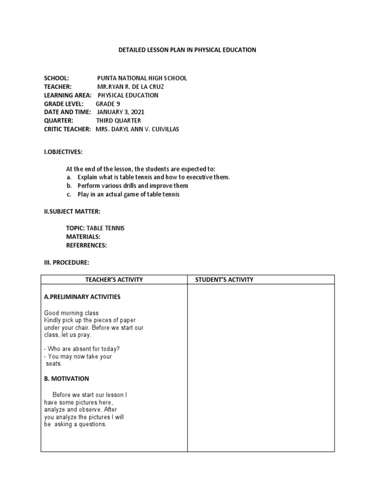 Detailed Lesson Plan in Physical Education | PDF | Table Tennis ...