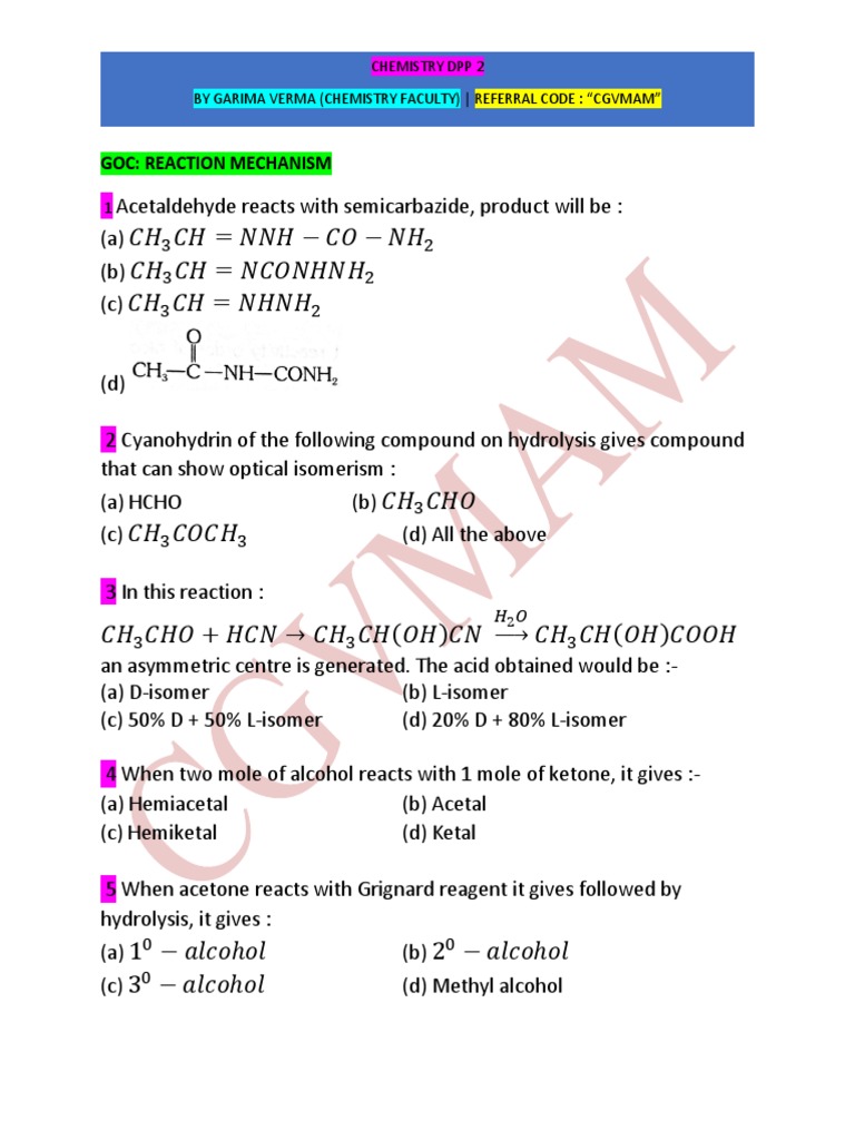 Goc: Reaction Mechanism: Chemistry DPP 2 by Garima Verma (Chemistry ...