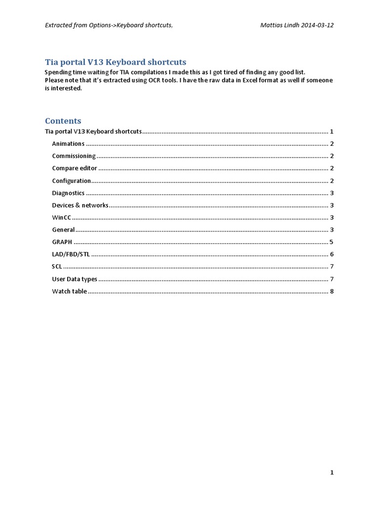Tia Portal V13 Keyboard Shortcuts | PDF | Computing | Computer Architecture
