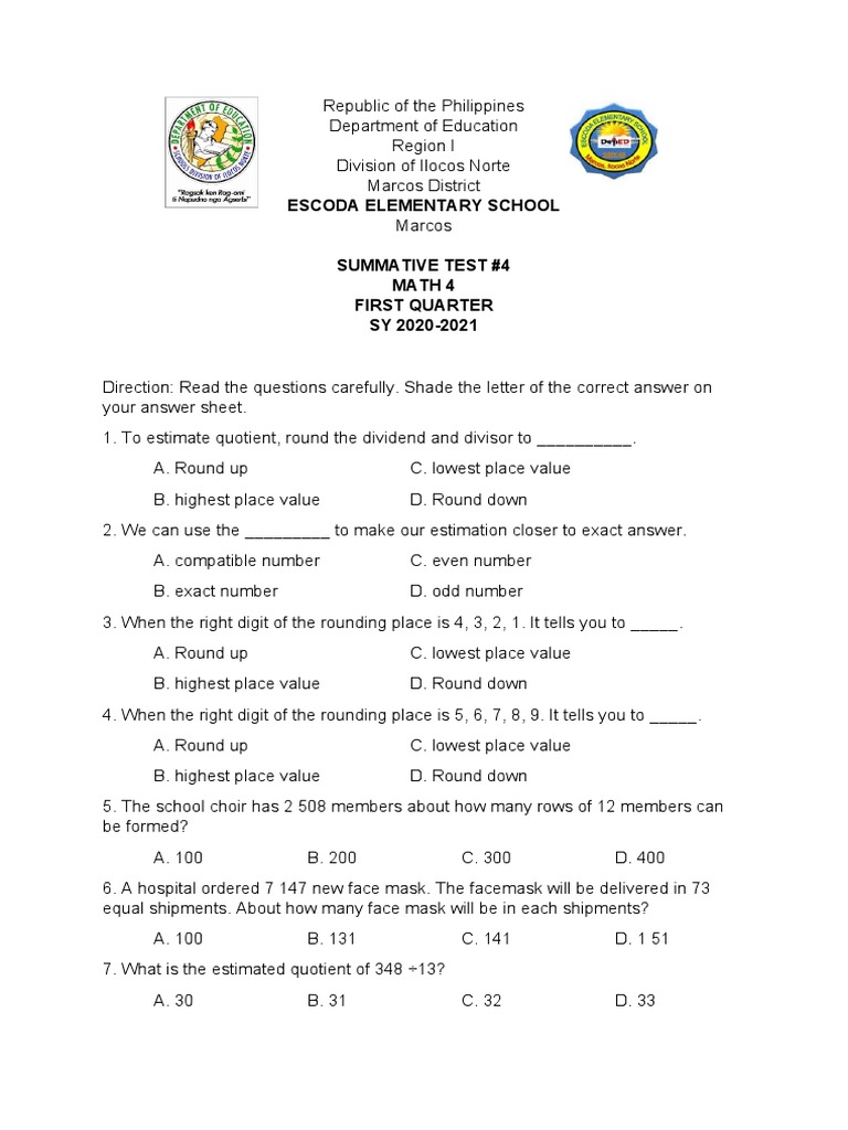 Summative Test # 4 Math | PDF | Mathematical Objects | Numbers