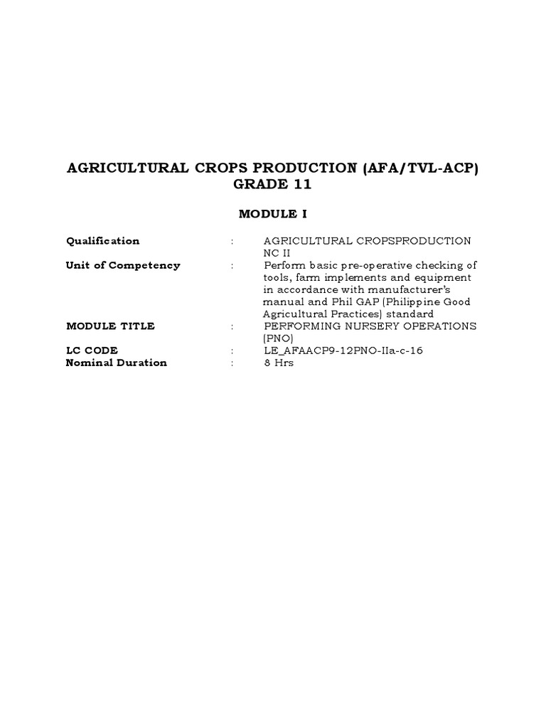 Agricultural Crops Production (Afa/Tvl-Acp) Grade 11: Qualification ...