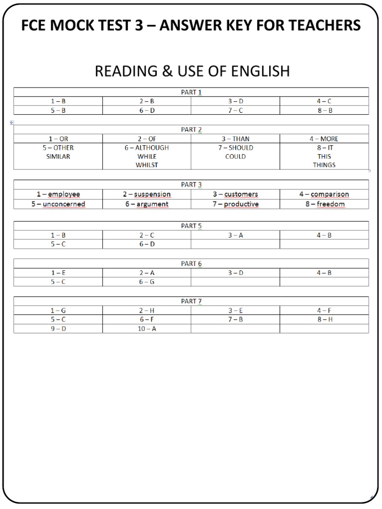 Fce Mock Test 3 - Answer Key For Teachers | PDF