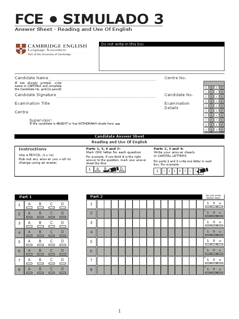 Fce Mock Test 3 - Answer Sheet For Students - Ruoe | PDF | Writing