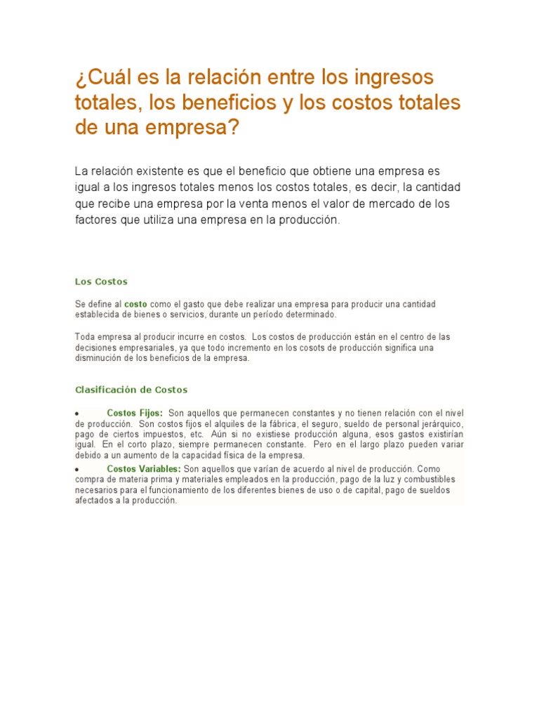 Cuál Es La Relación Entre Los Ingresos Totales | PDF | Beneficio ...