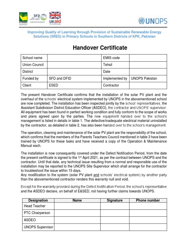 Design Doc 2 - Annex 07 - Handover Certificate | PDF | Power (Physics ...