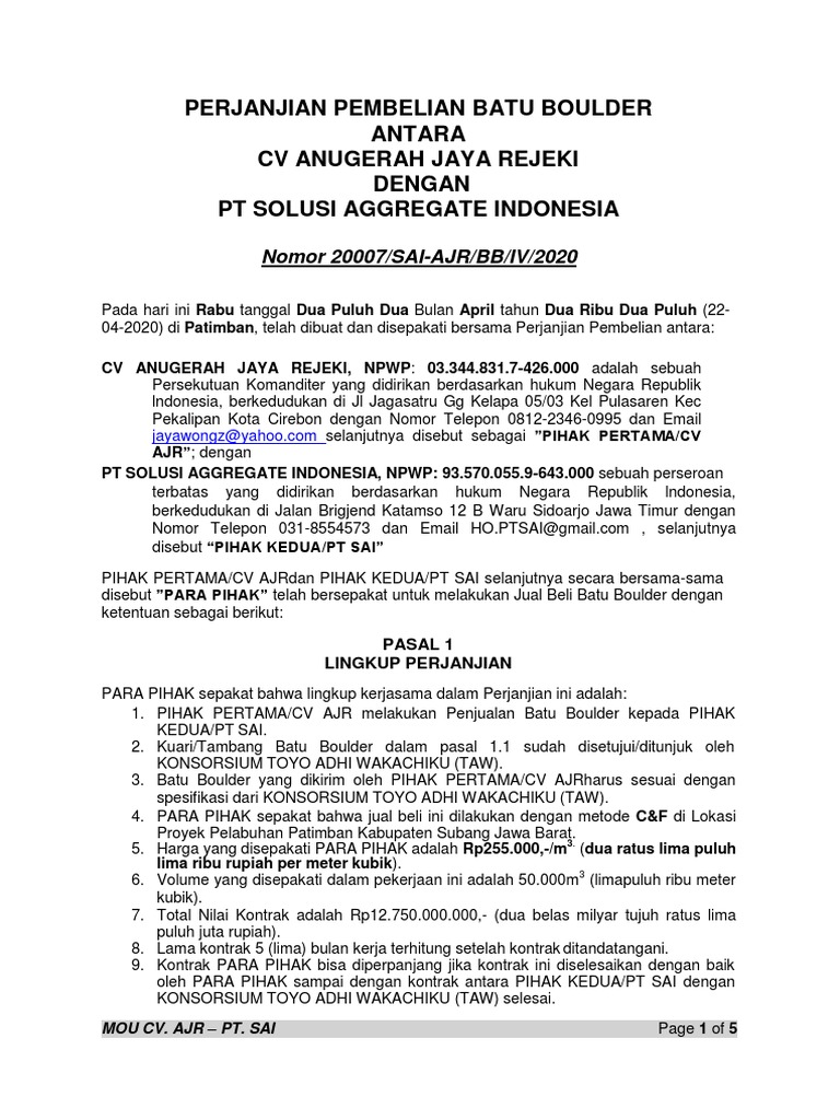 Draft Revisi 2 MOU CV AJR-PT SAI | PDF