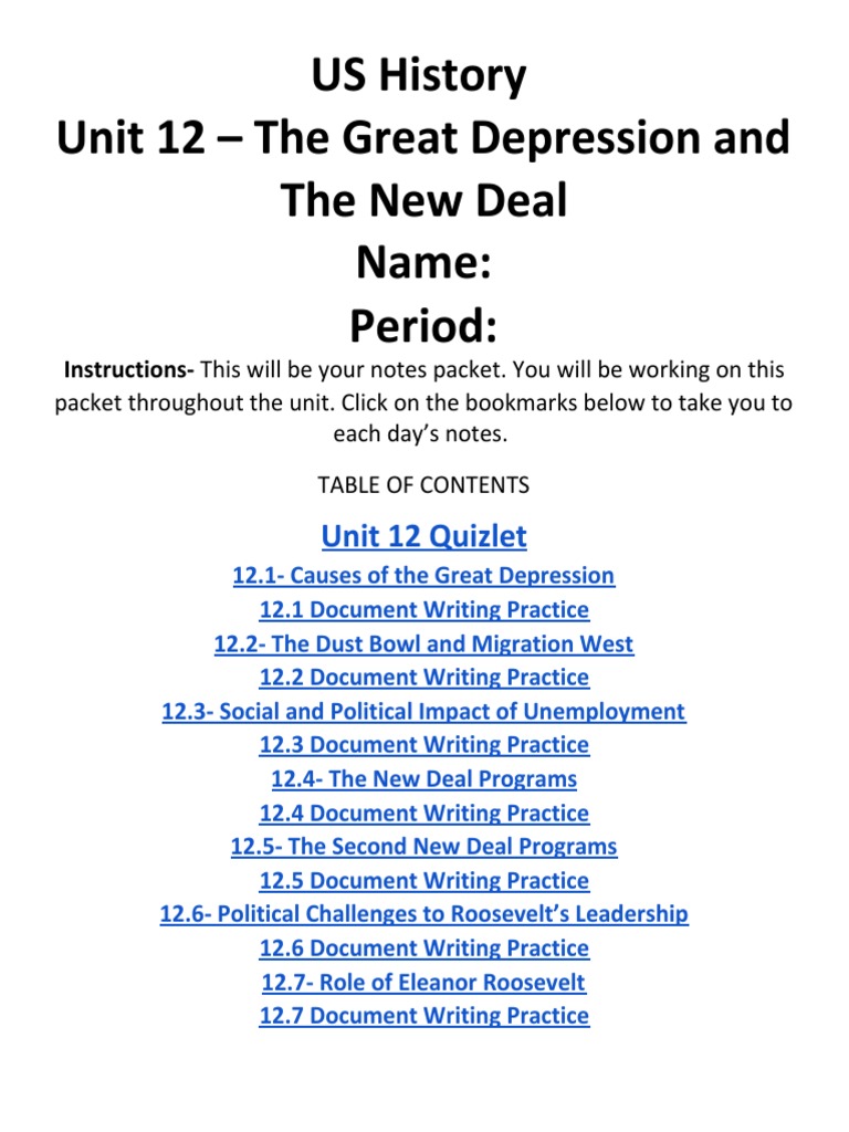 Unit 12 - The Great Depression and The New Deal Packet | PDF | New Deal ...
