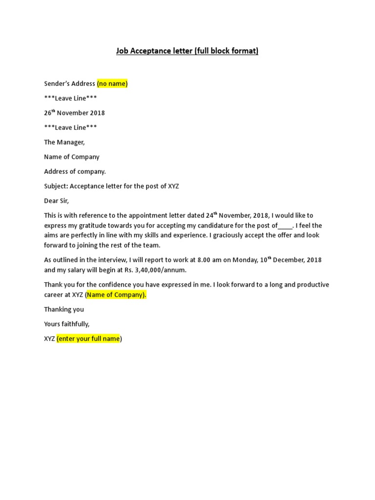 Job Acceptance Letter (Full Block Format) | PDF
