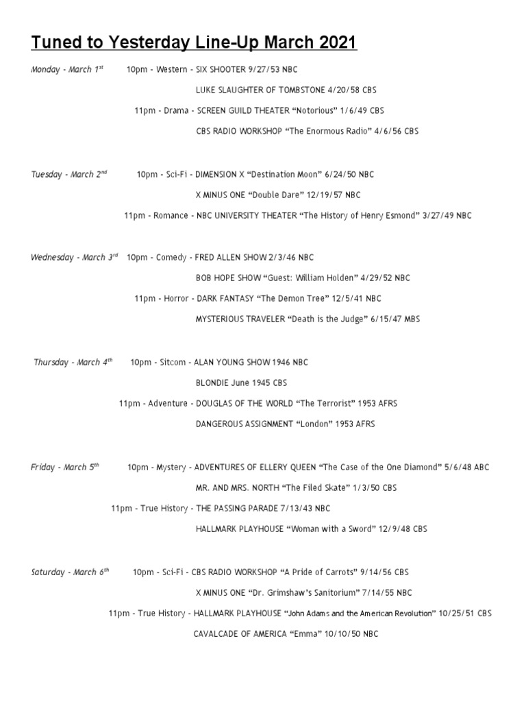 March 2021 Radio Show Schedule | PDF | Nbc | Cbs
