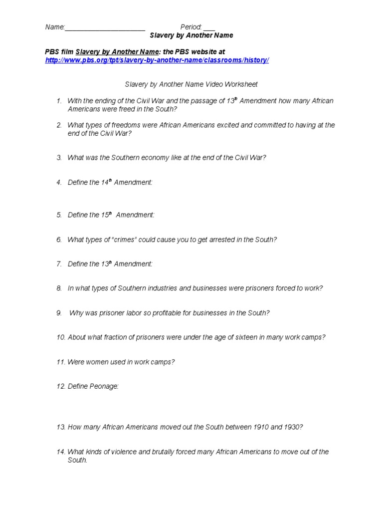 Slavery by Another Name Video Worksheet | PDF